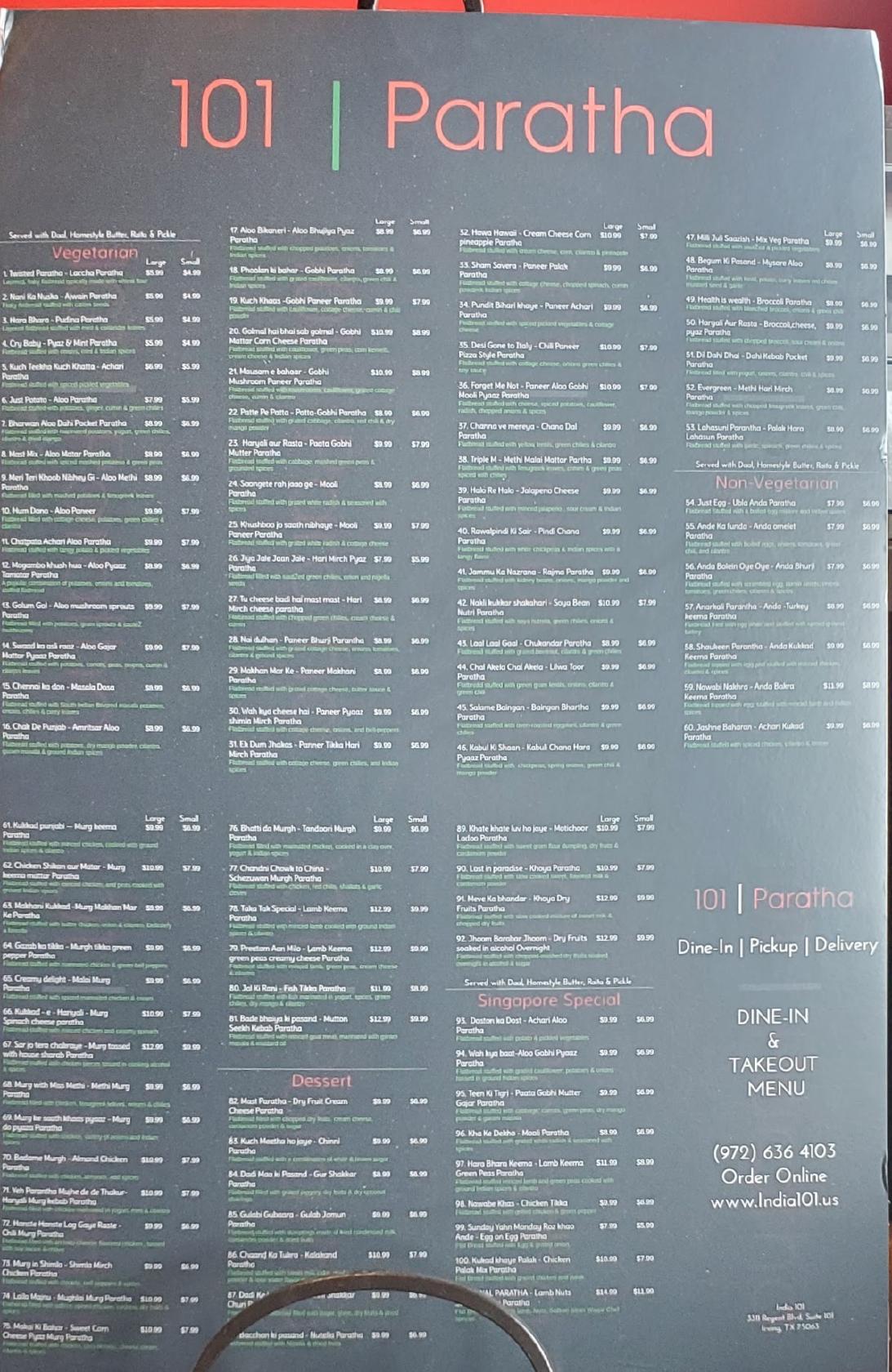 Menu at 101 Paratha desserts, Irving