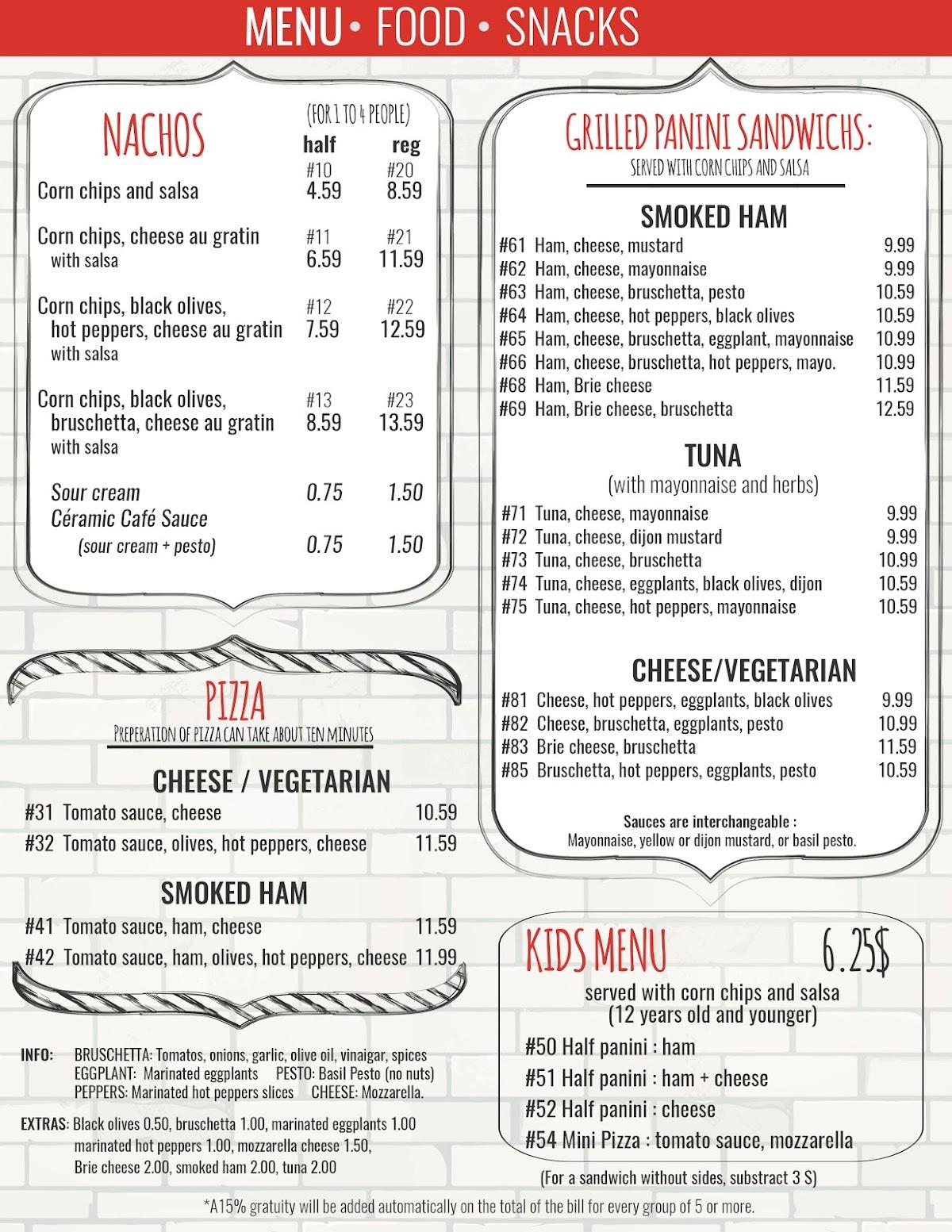 Menu au Céramic Café Studio Laval, Laval