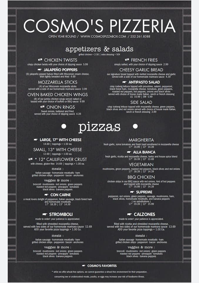 Menu at COSMO'S PIZZERIA, Kitty Hawk