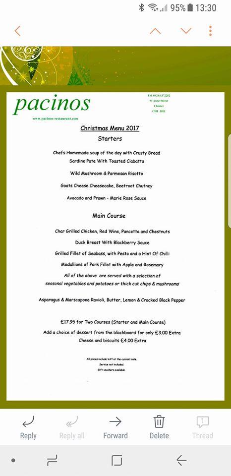 Menu at Pacinos restaurant, Chester