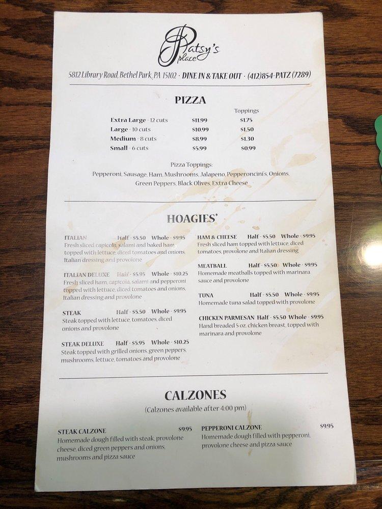 Menu at Patsy's Place restaurant, Bethel Park