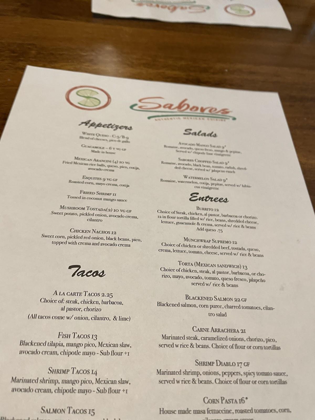 Menu at Sabores restaurant, Tulsa