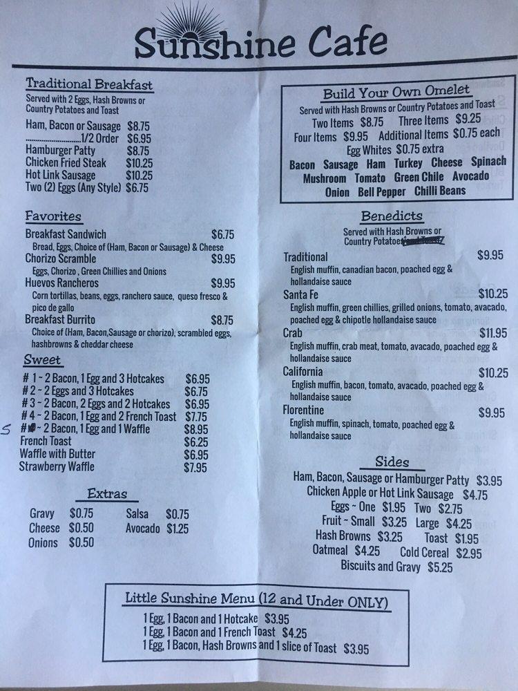 Menu at Sunshine Cafe, Pittsburg