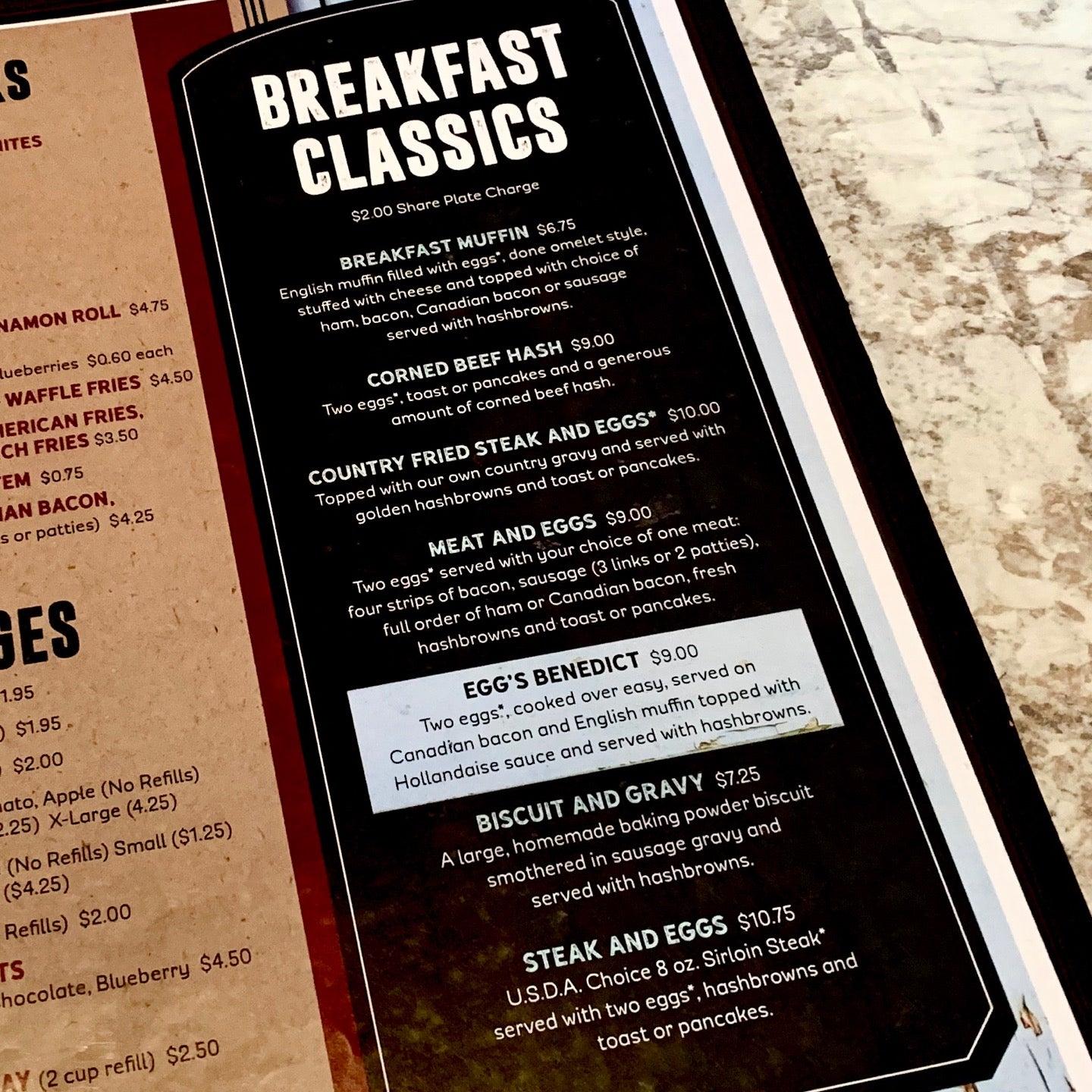 Menu at The Shack restaurant, Fargo