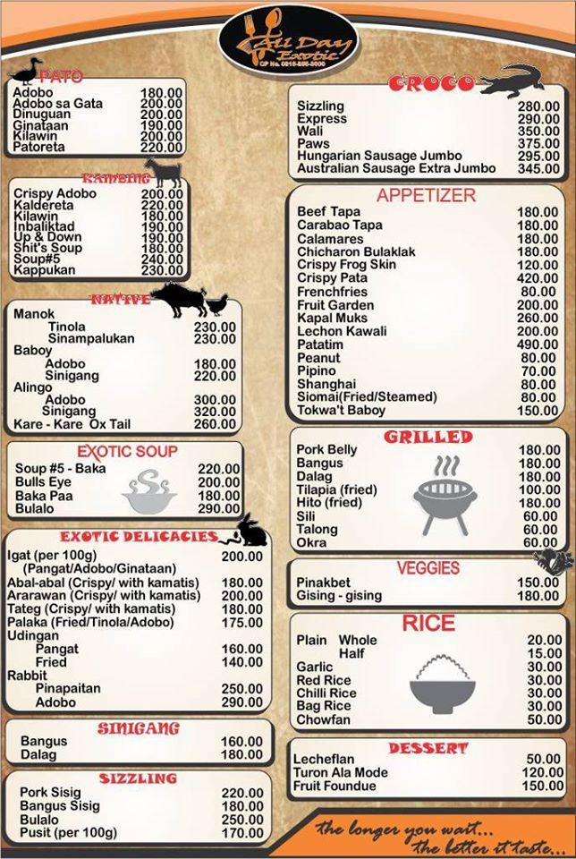Menu at ALL DAY Exotic grill & restaurant, Solano