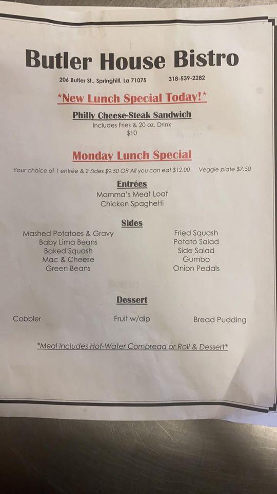 Menu at Butler House Bistro restaurant, Springhill