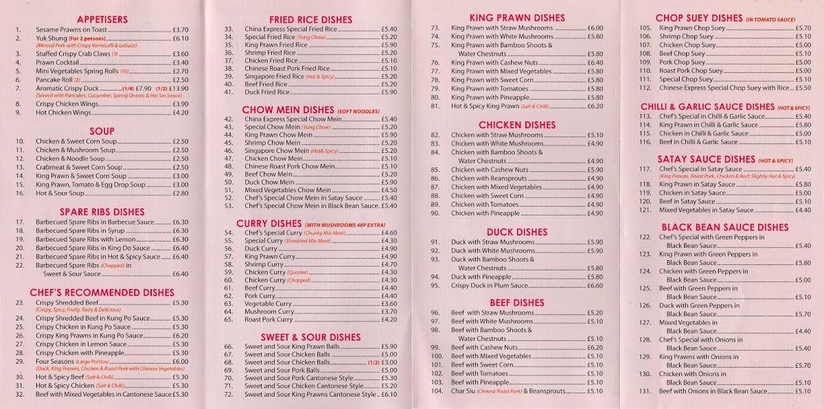 Menu at China Express fast food, Birmingham, 25 Kitt's Green Rd