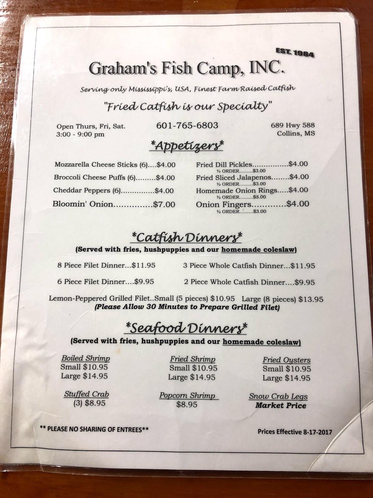 Menu at Graham's Fish Camp restaurant, Collins
