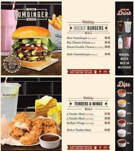 Menu at Hillbilly's Letterkenny fast food, Letterkenny