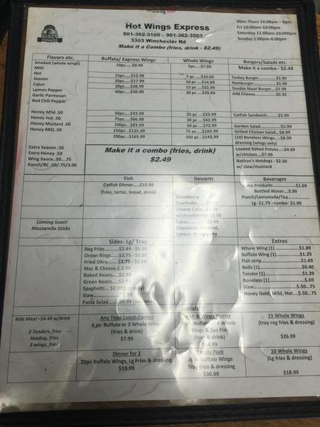 Menu at Hot Wings Express BBQ, Memphis, 3303 Winchester Rd