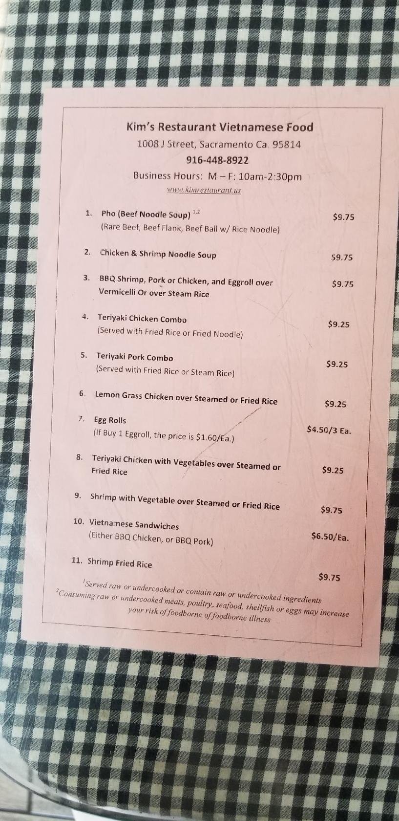 Menu at Kim’s Restaurant, Sacramento
