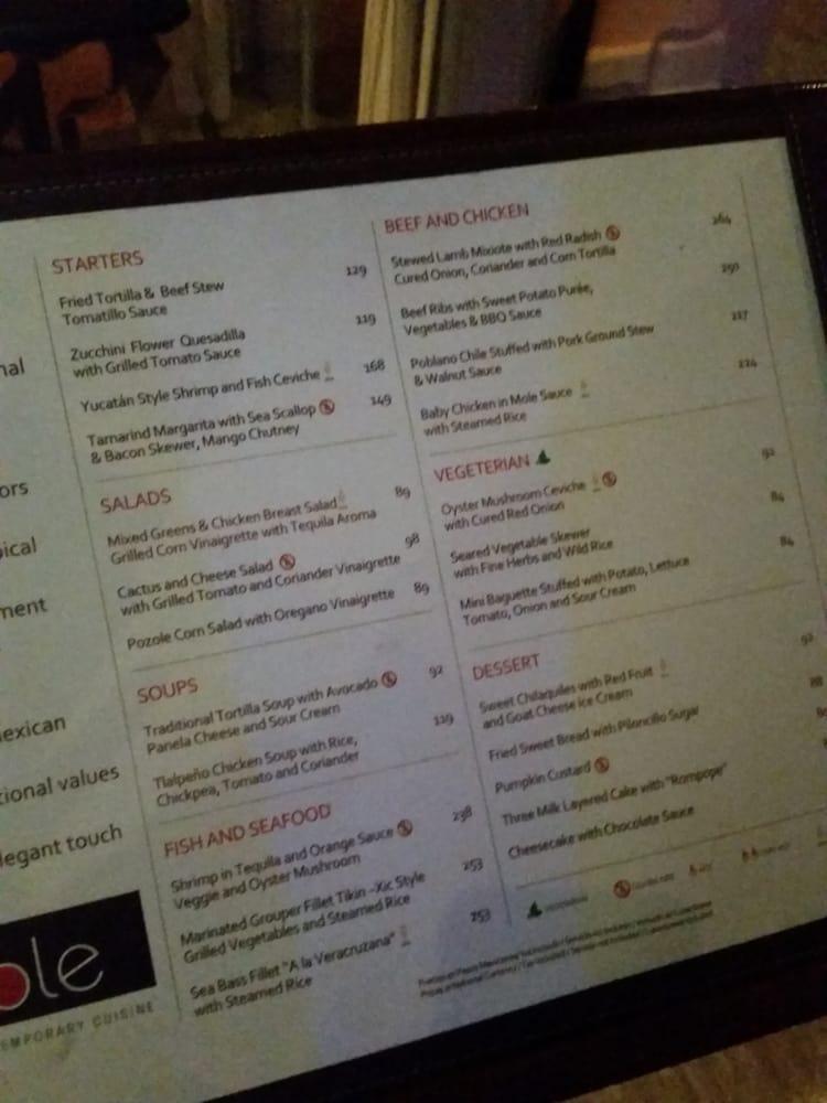 Menu at Cielo restaurant, Cancún