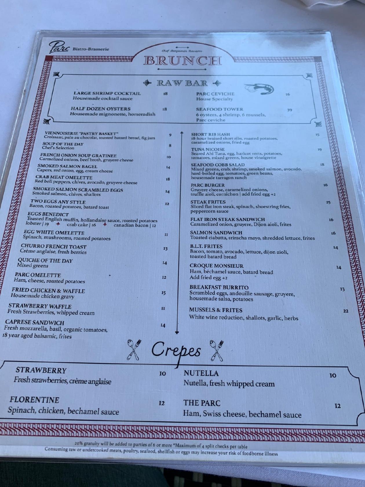 Menu at Parc Bistro-Brasserie restaurant, San Diego