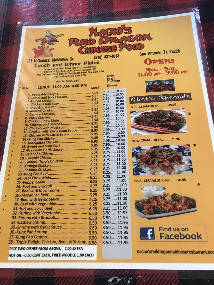 Menu at Red Dragon Chinese restaurant, San Antonio