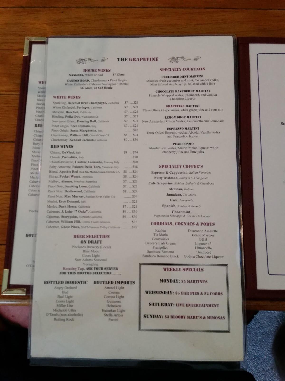 Menu at The Grapevine restaurant, Tuckerton