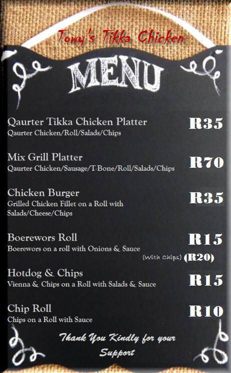 Menu at Towy's Tikka Chicken restaurant, Cape Town