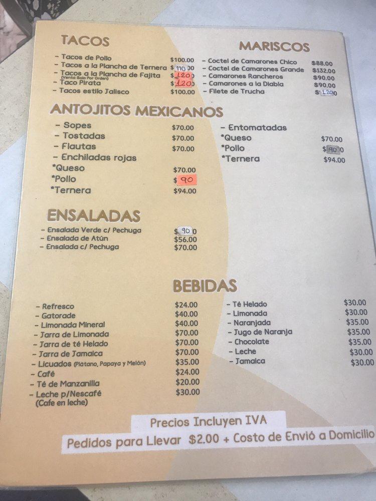 Menu at Cafe San Benito, Río Bravo, Av Francisco I. Madero 717