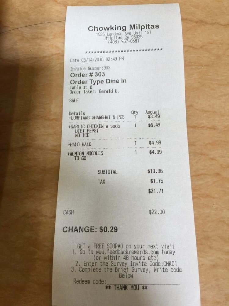 Carta del restaurante Chowking, Milpitas