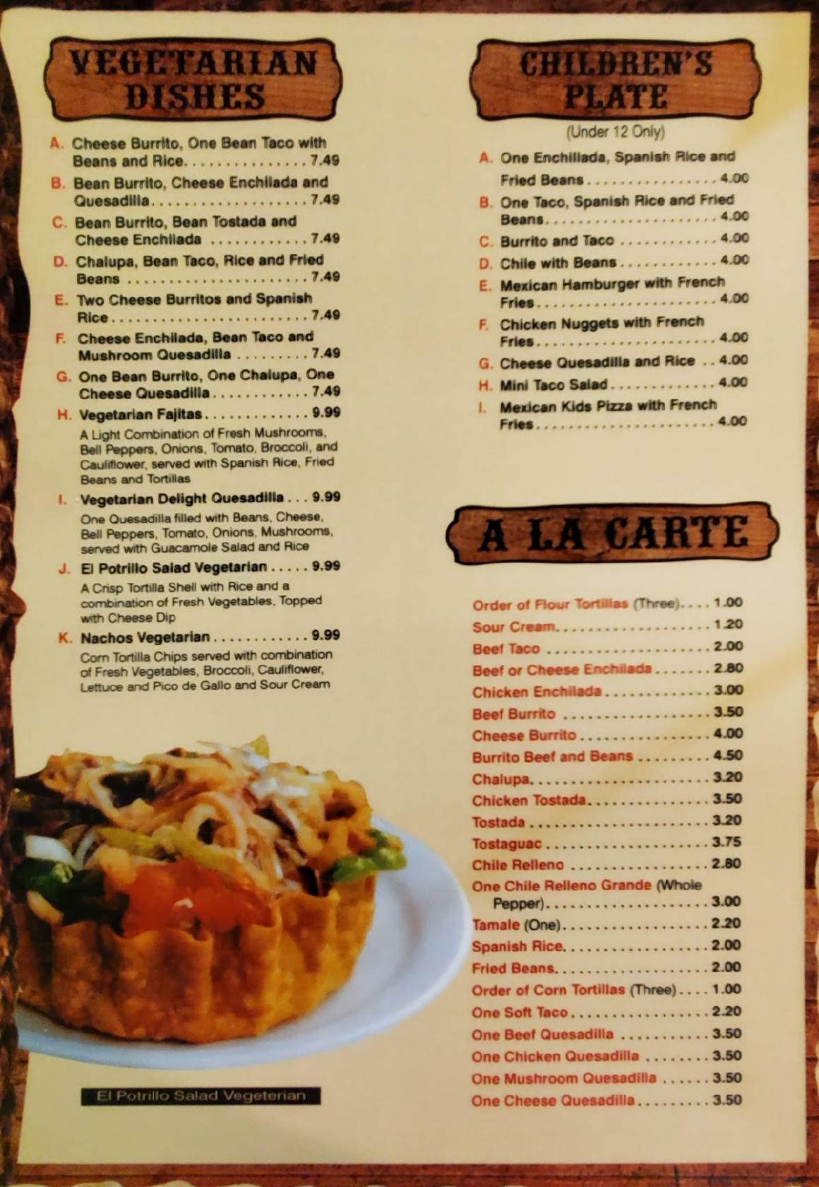 Menu at El Potrillo restaurant, Church Hill