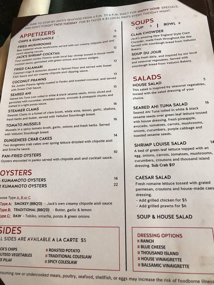 Menu at Jack's Seafood restaurant, Eureka