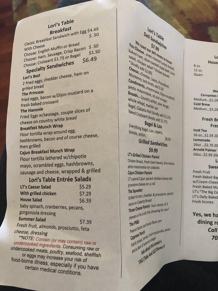 Menu at Lori's Table cafe, Alexandria