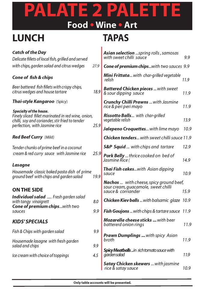 Menu at Palate 2 Palette restaurant, Port Broughton