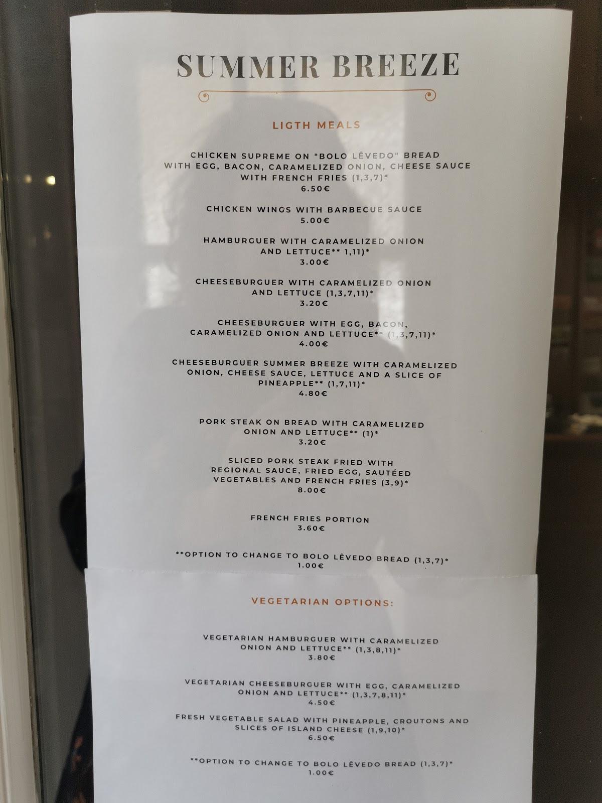 Menu at Summer Breeze cafe, Furnas