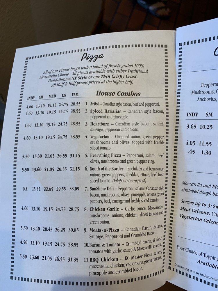 Menu at Sunshine Pizza pizzeria, Saint Helens