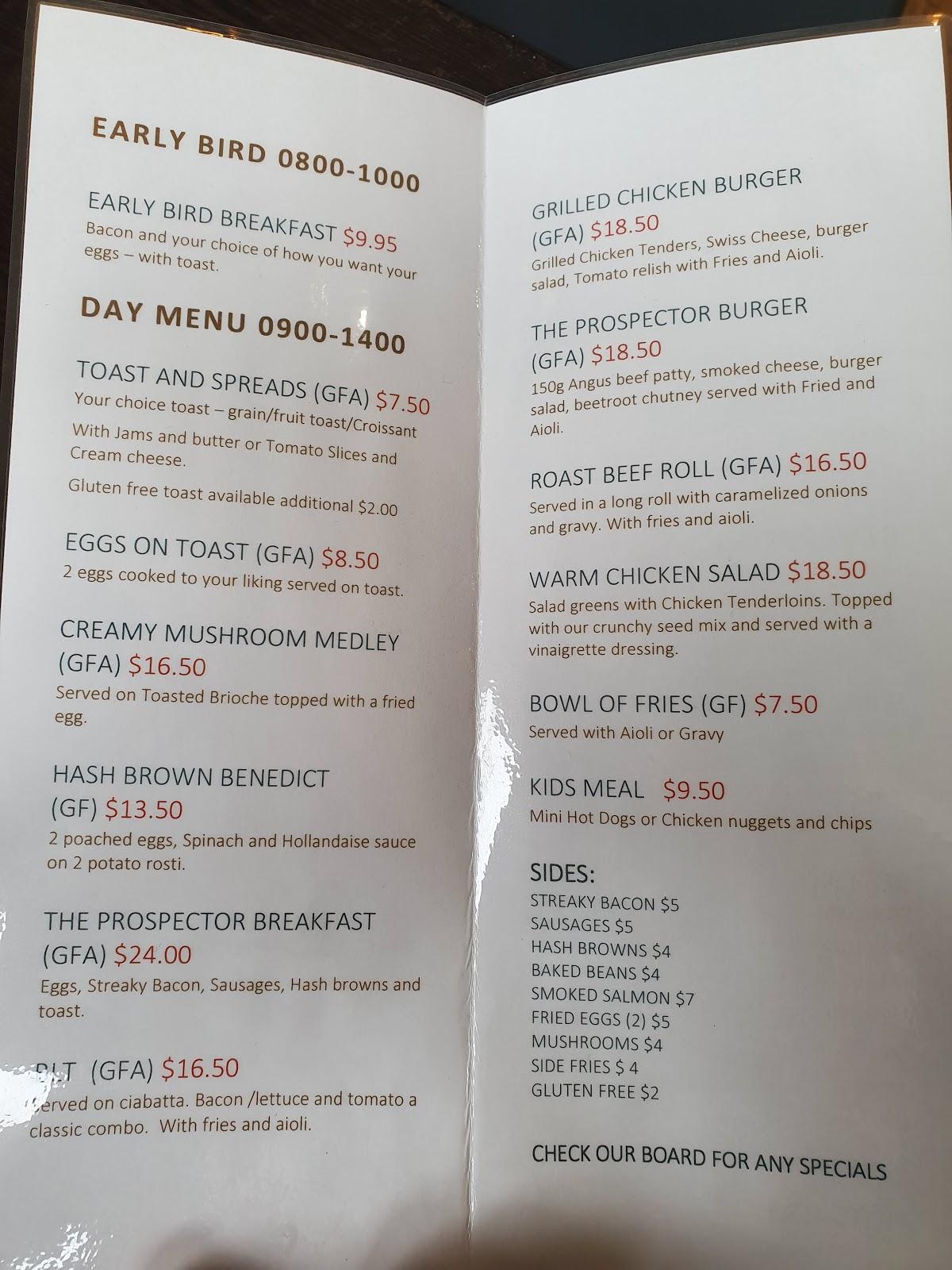 Menu at The Prospector cafe, Lawrence