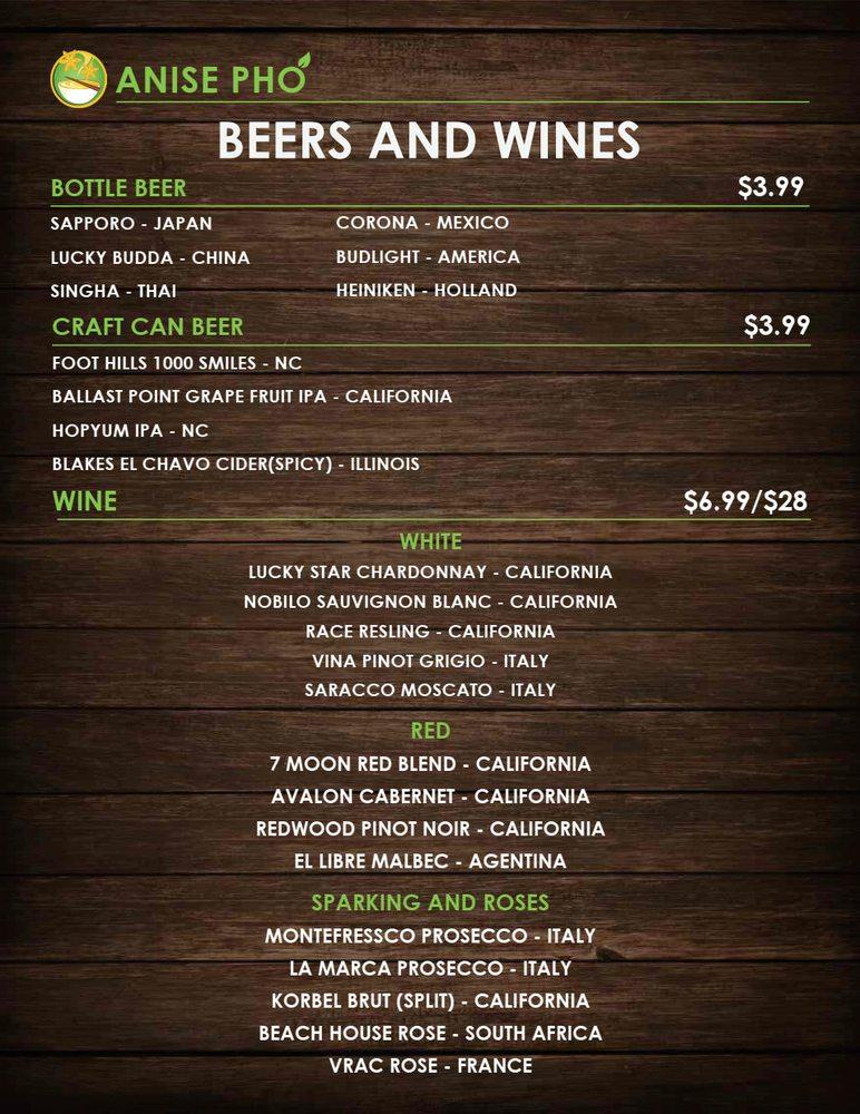 Menu at Anise Pho restaurant, Raleigh, 222 Glenwood Ave #113