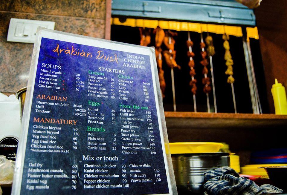 Menu at Arabian Dusk, Chennai