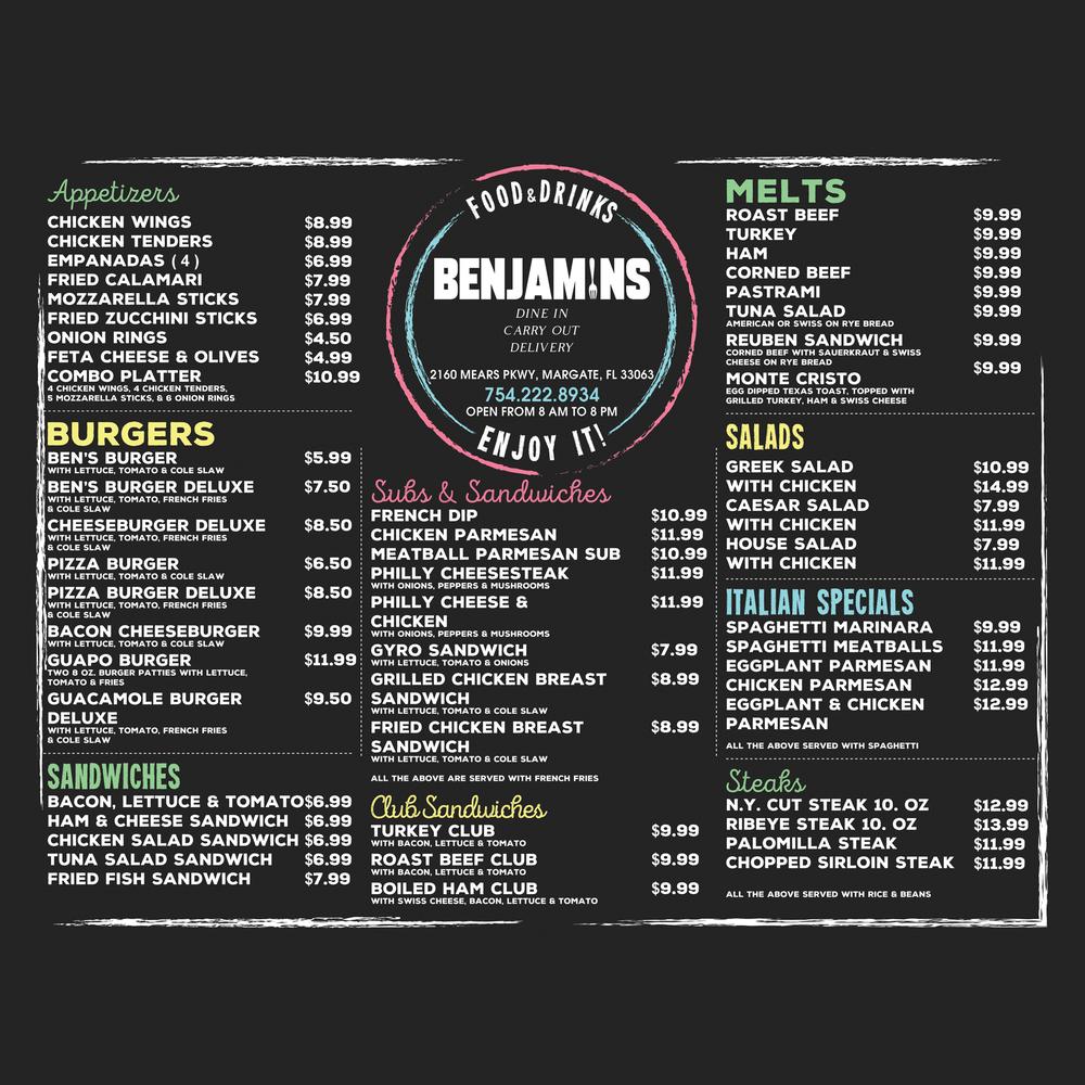 Menu at Benjamin's Food & Drinks restaurant, Margate