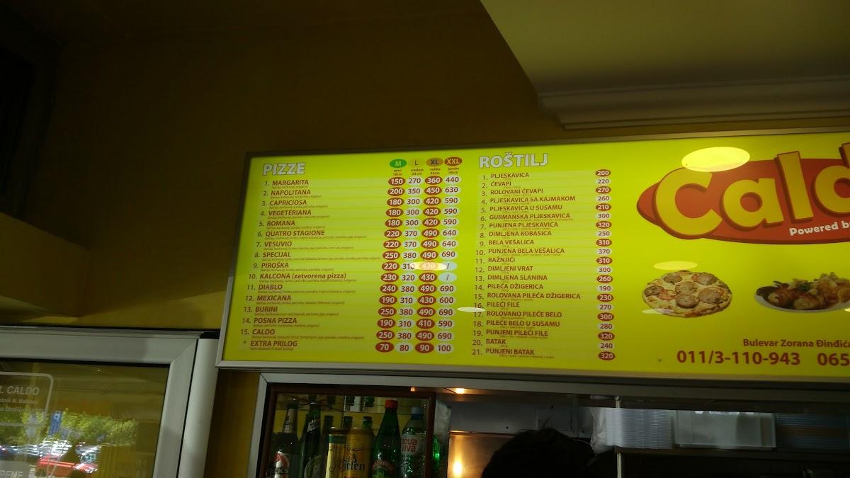 Menu at Caldo restaurant, Belgrade, Bulevar Zorana Đinđića 44a
