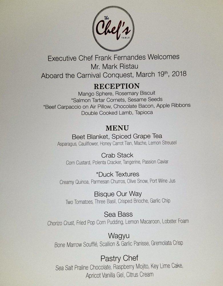 Menu at Chefs Table Aboard Carnival Conquest restaurant, Fort Lauderdale
