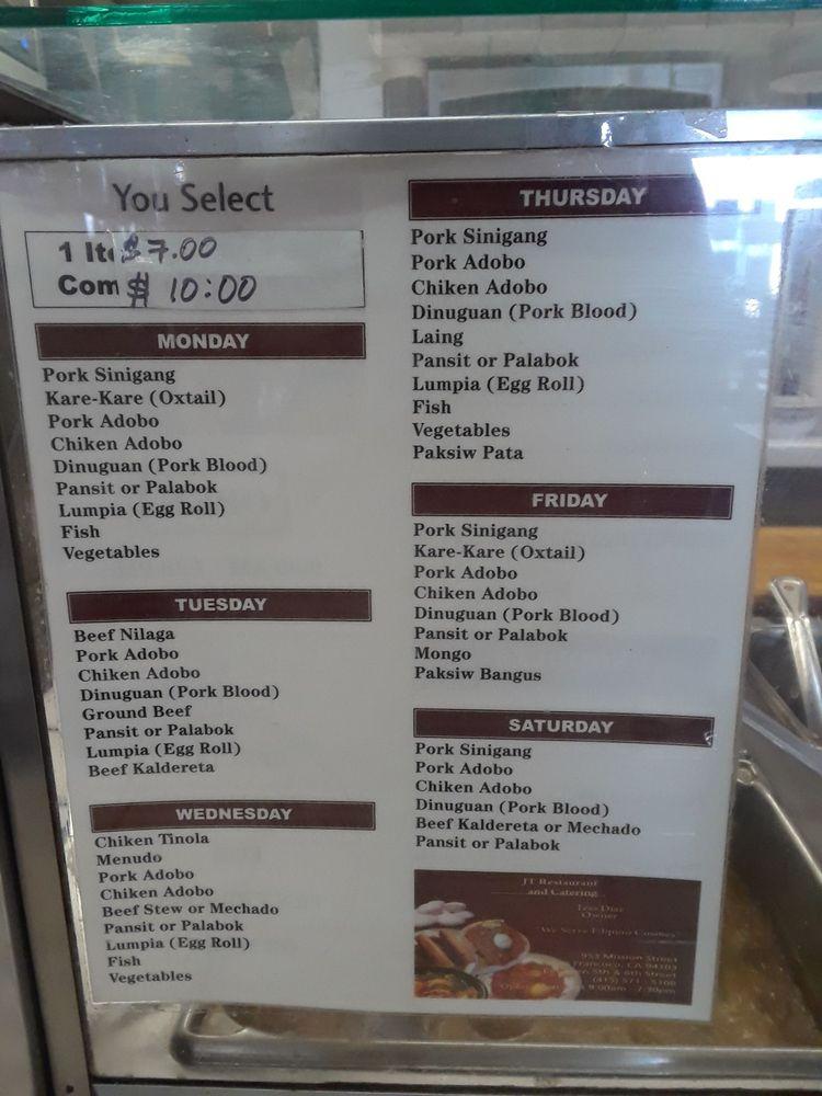 Menu at JT Restaurant, San Francisco