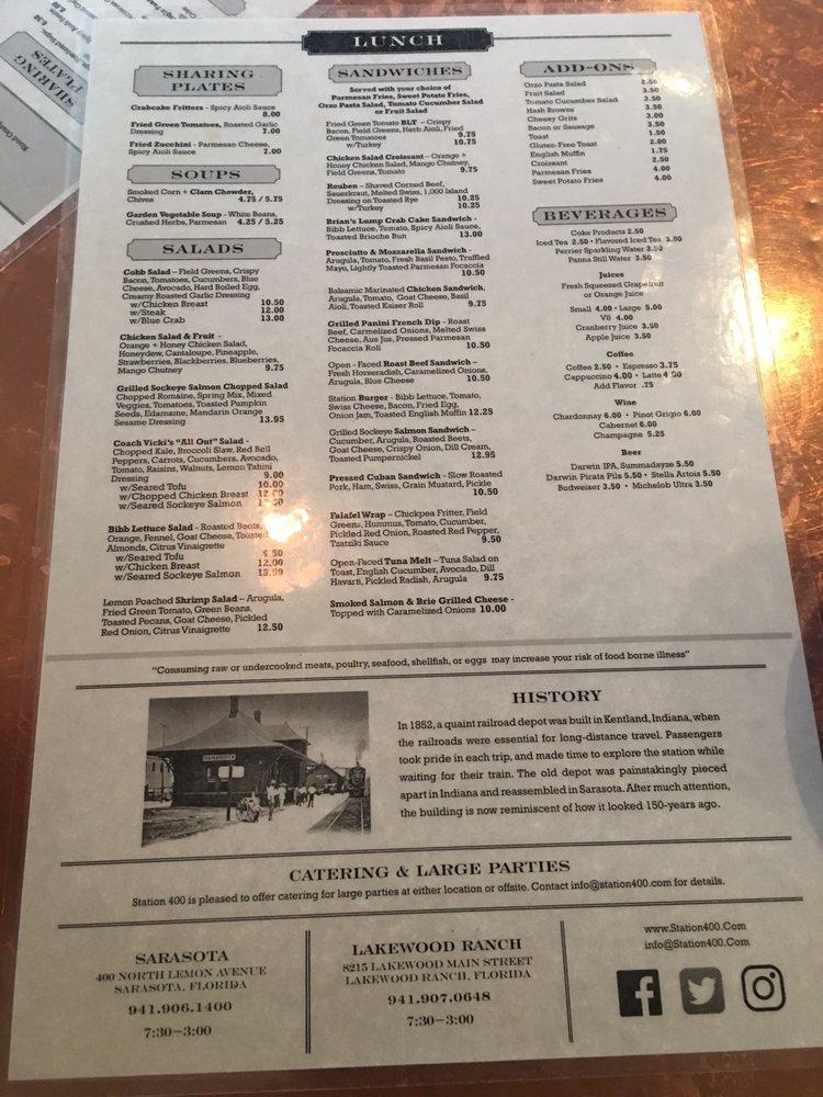 Menu at Station 400 restaurant, Lakewood Ranch, Lakewood Main St
