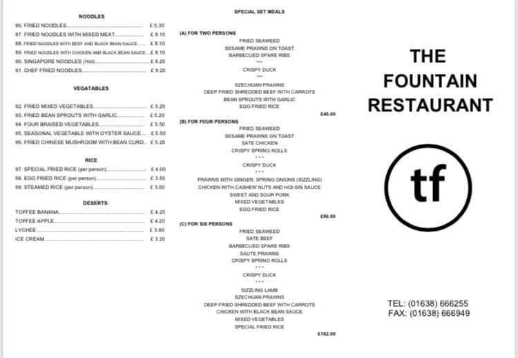 Menu at The Fountain restaurant, Newmarket, 182 High St