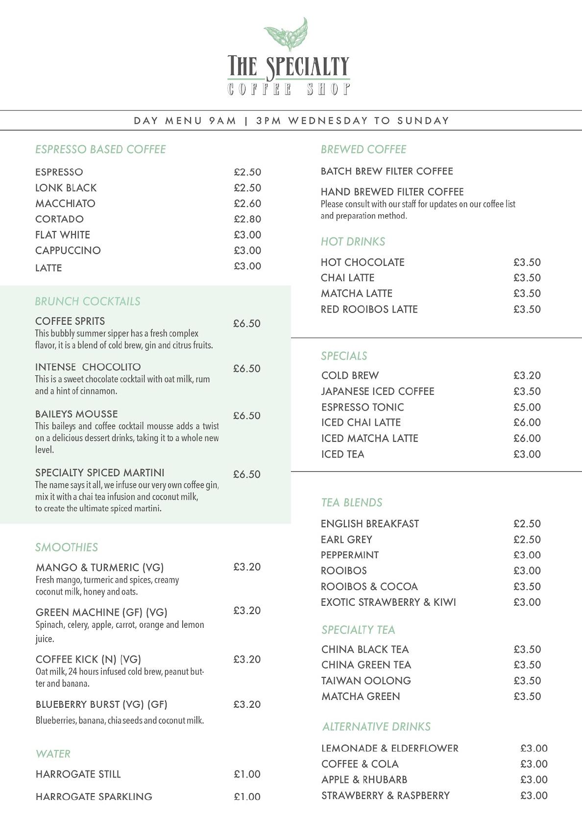 Menu at Specialty Coffee & Eatery cafe, Nottingham