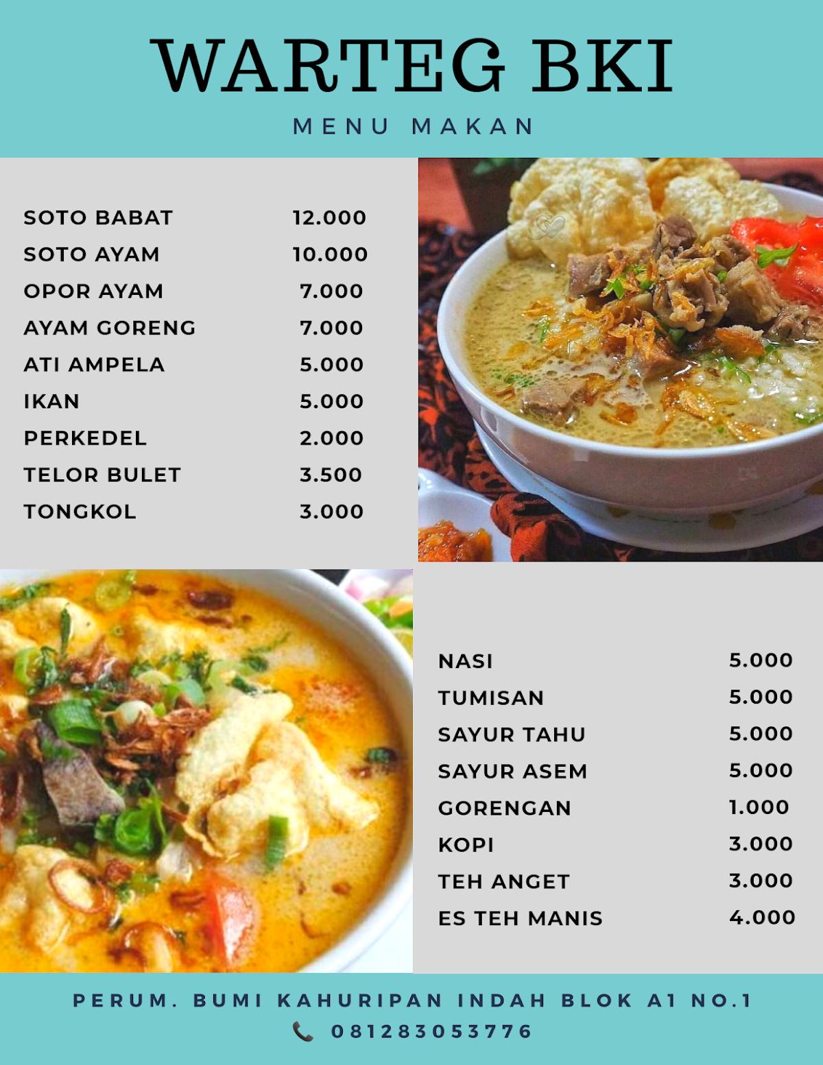 Menu at Warteg BKI (warung soto) restaurant, Mampir