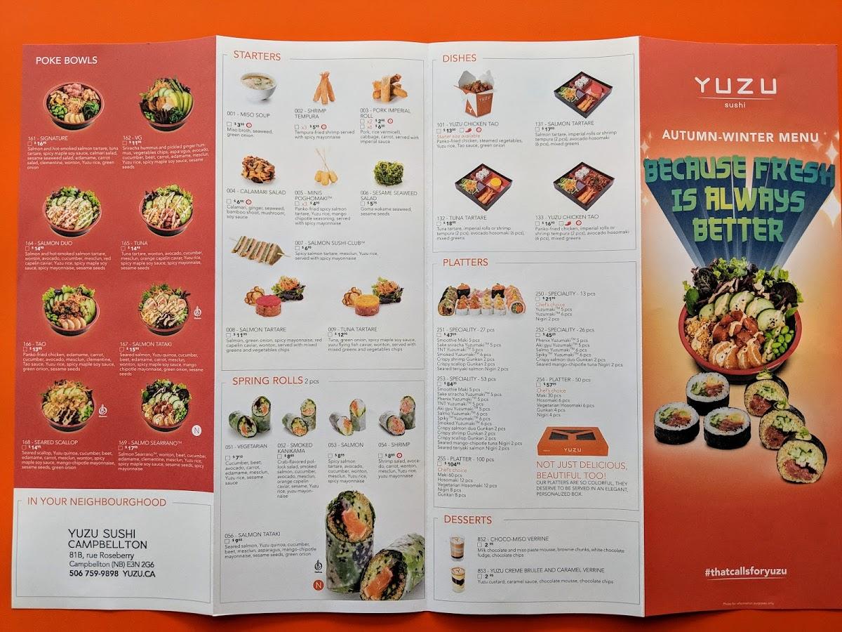 Menu at Yuzu sushi restaurant, Campbellton
