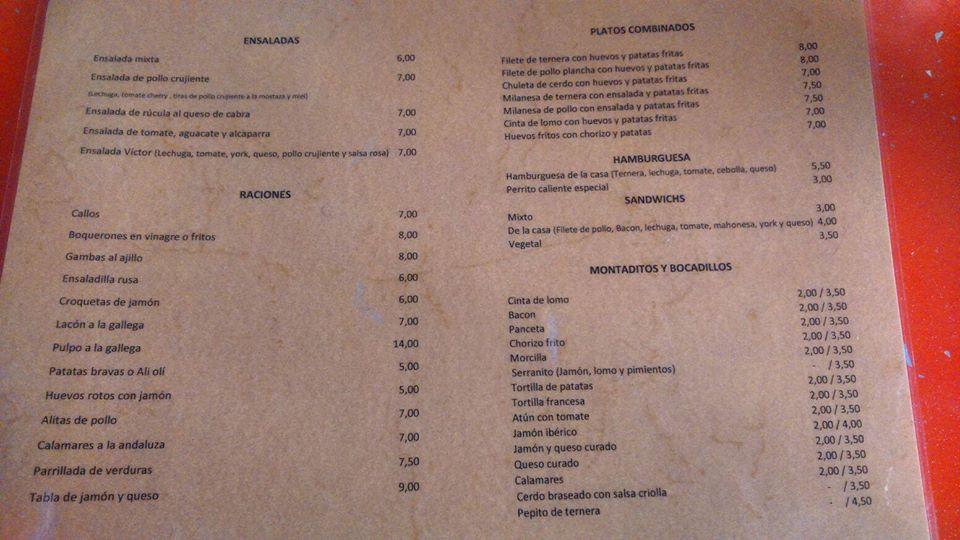 Menu at Casa Victor pub & bar, Madrid, C. de Galileo