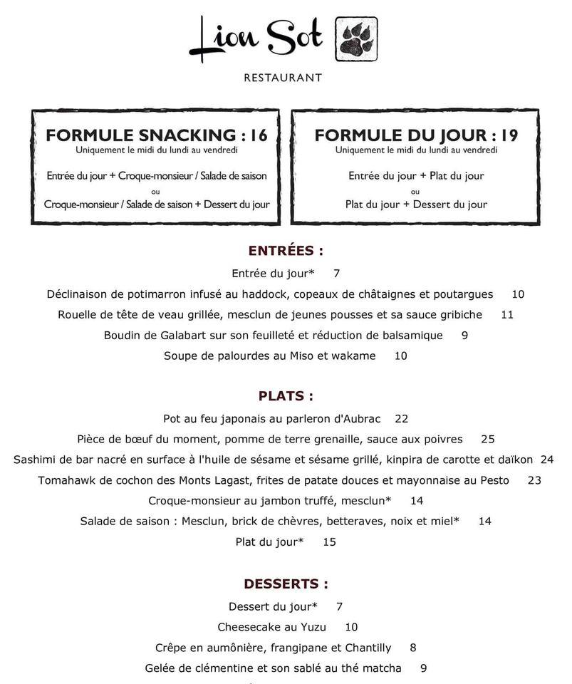 Menu at Lion Sot Restaurant, Paris