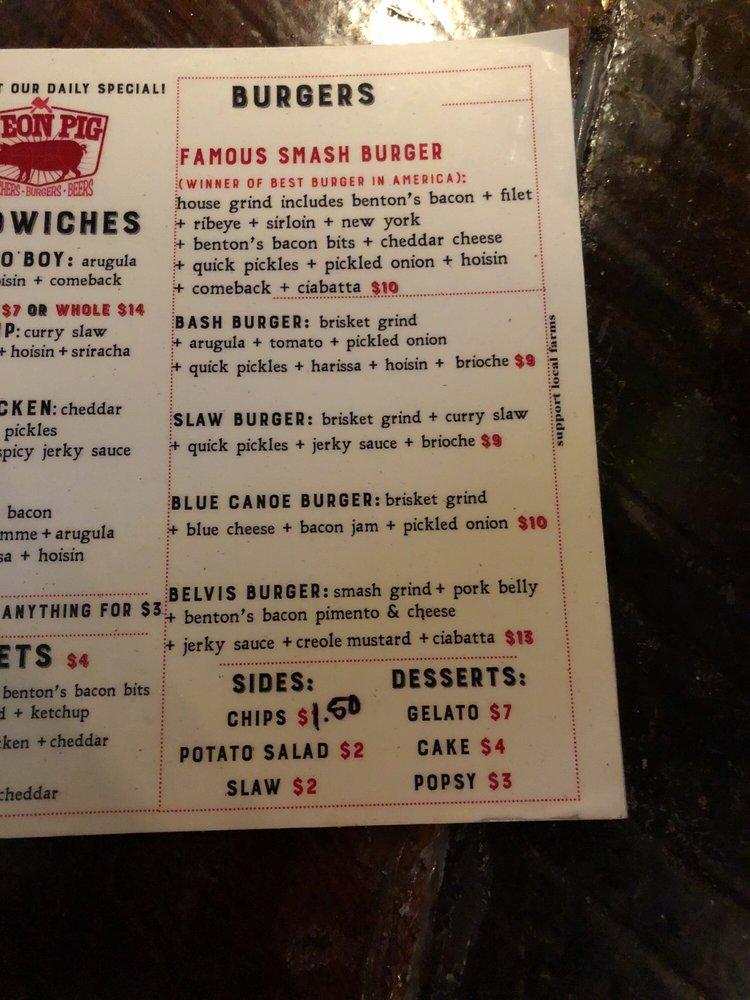 Menu at Neon Pig Tupelo cafe, Tupelo