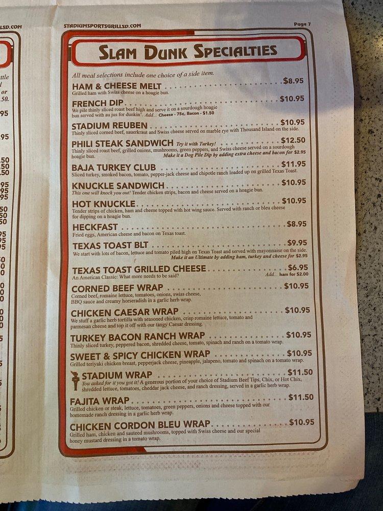 Menu at Stadium Sports Grill pub & bar, Spearfish