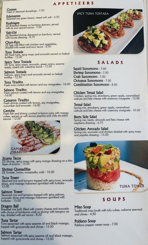 Menu at Tensai restaurant, Laredo