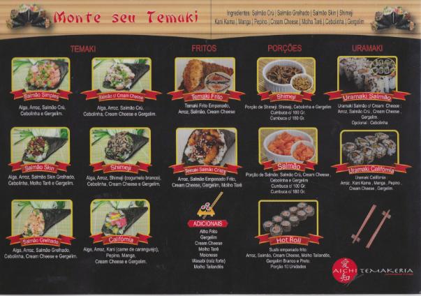 Menu at Aichi Temakeria restaurant, Diadema