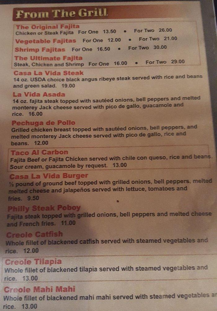 Menu at Casa La Vida restaurant, Baton Rouge