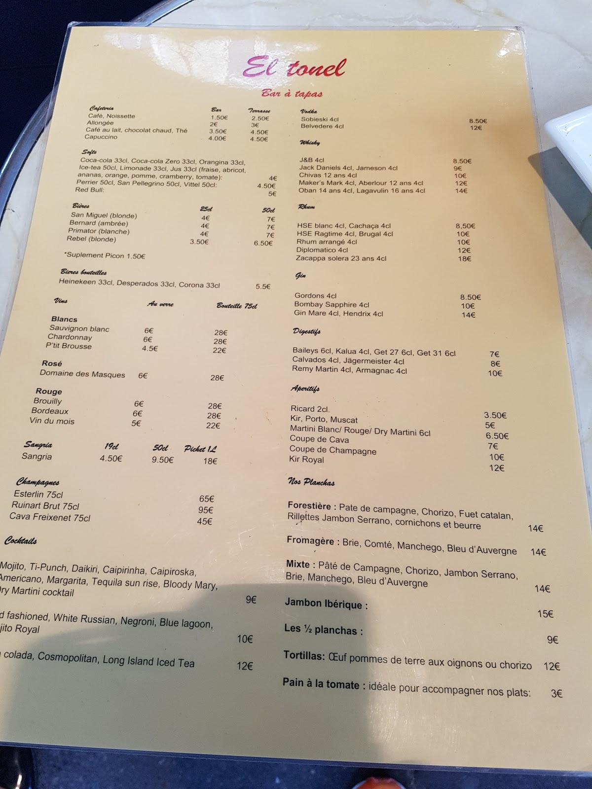 Carta de El Tonel Spanish Bar, Paris