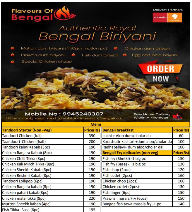 Menu at Flavours of Bengal, Bengaluru, silver county road