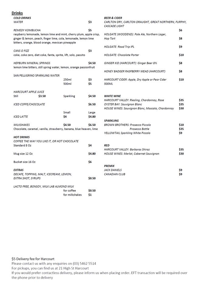 Menu at Goldfields Track Café cafe, Harcourt